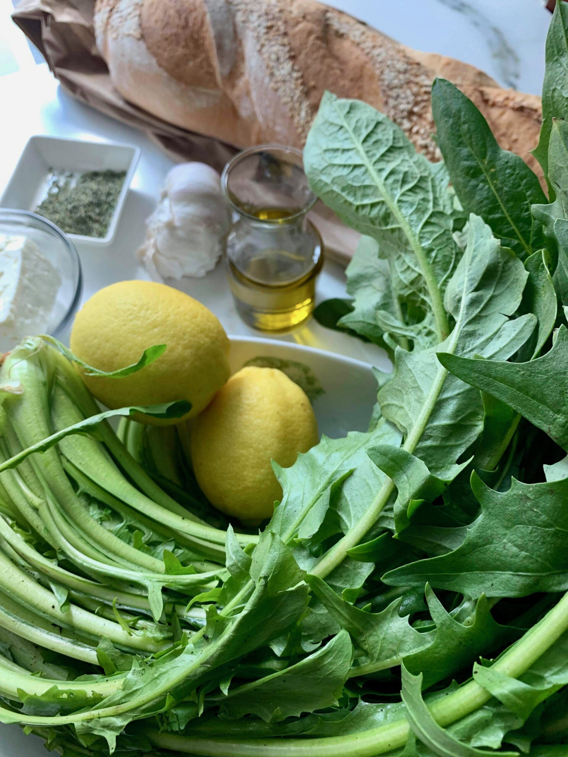 Dandelion greens and grilled bread - Mia Kouppa, Greek recipes and more