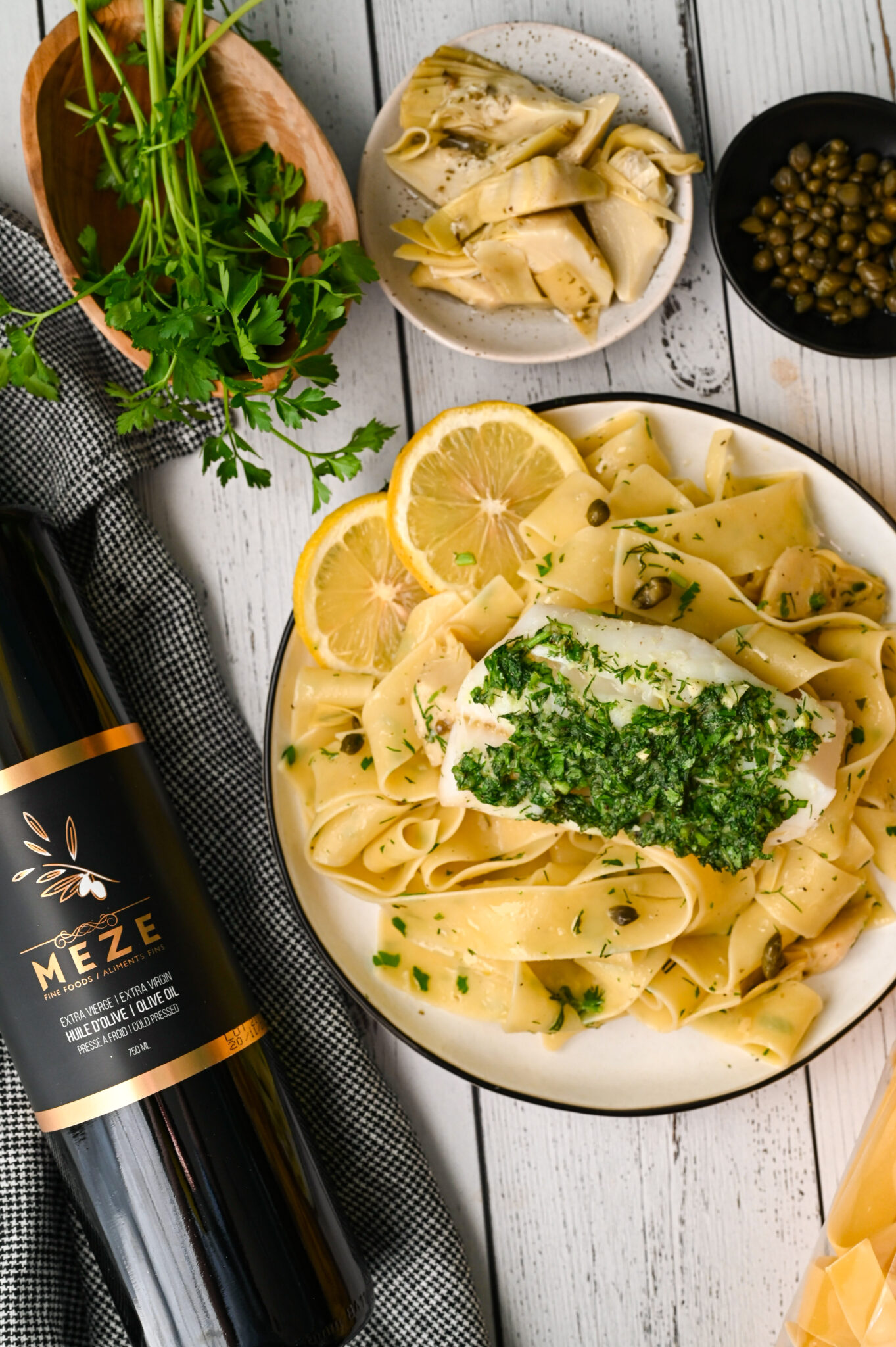 Herb baked cod with pasta and marinated artichokes : Mia Kouppa