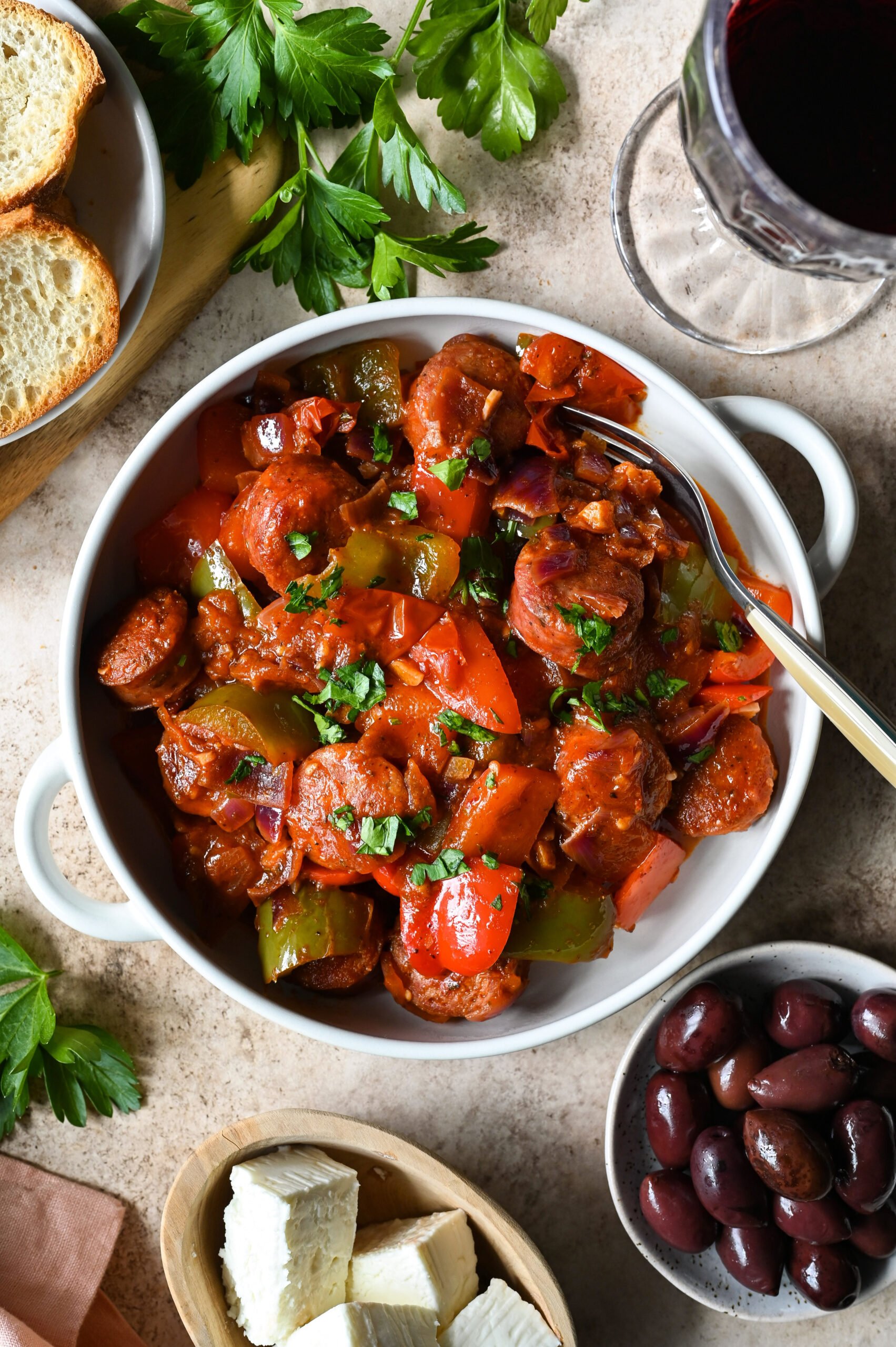 Greek Spetzofai (spetsofai) - Sausages with peppers and tomato - Mia Kouppa