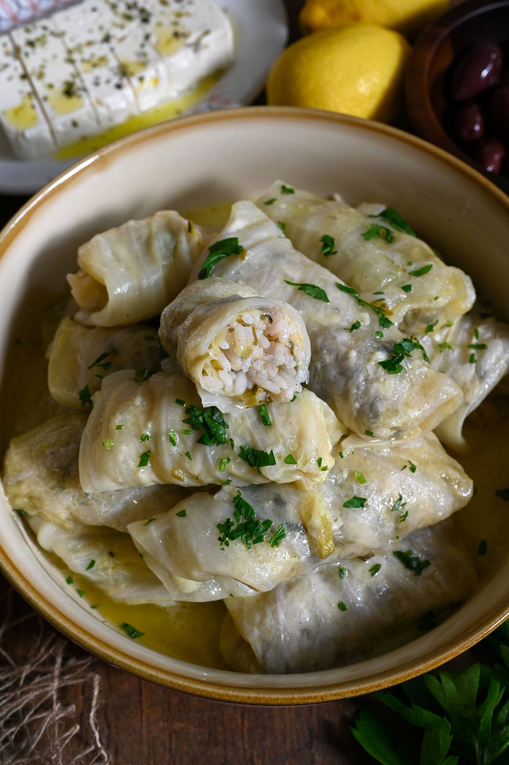 Greek stuffed cabbage rolls, lahanodolmades, with zucchini rice - Mia ...